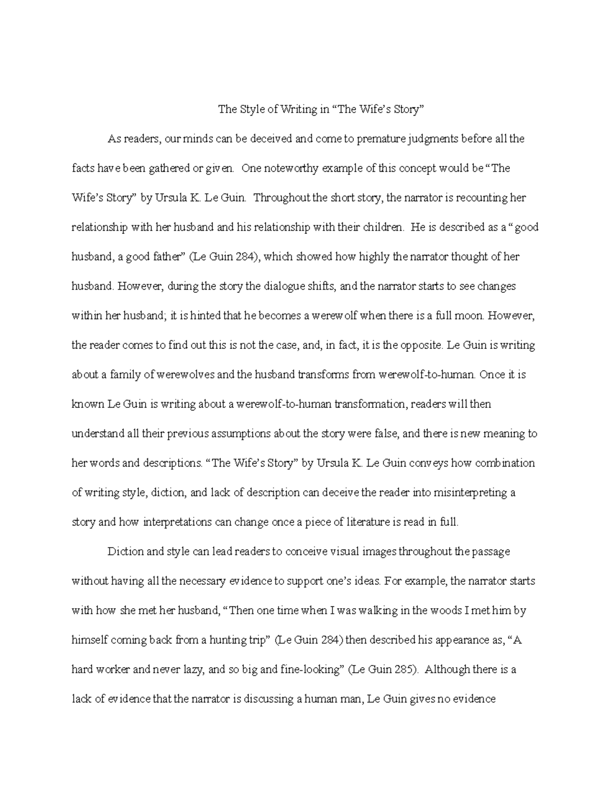 Fiction Analysis of "The Wife's Story" (ENG 101) by Ursula K. Le Guin ...