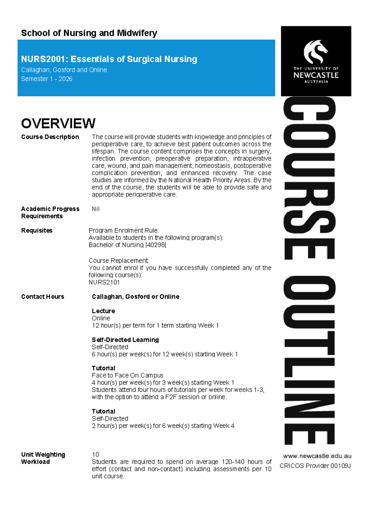 NURS2001: Essentials of Surgical Nursing Course Outline - Semester 1 ...