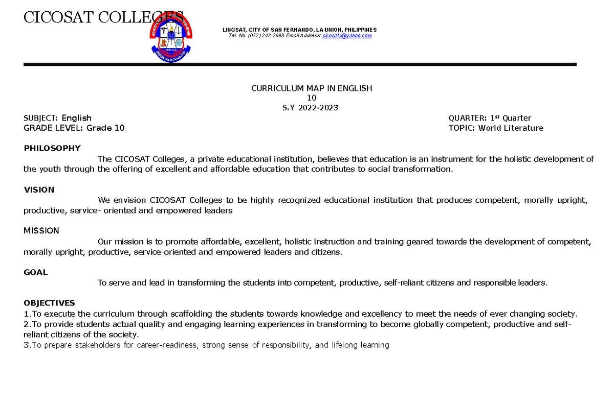 G10- English- World Literature Curriculum Map 2022-2023 - Studocu