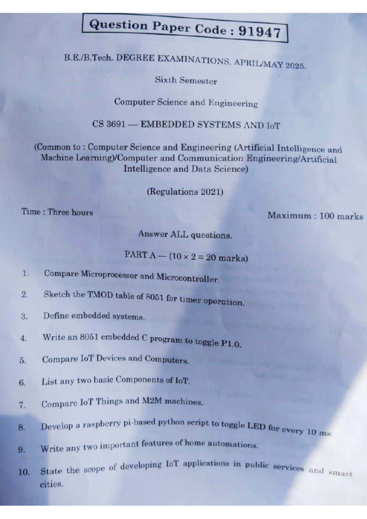 CS3691 Final Exam Question Paper: Embedded Systems & IoT 2025 - Studocu