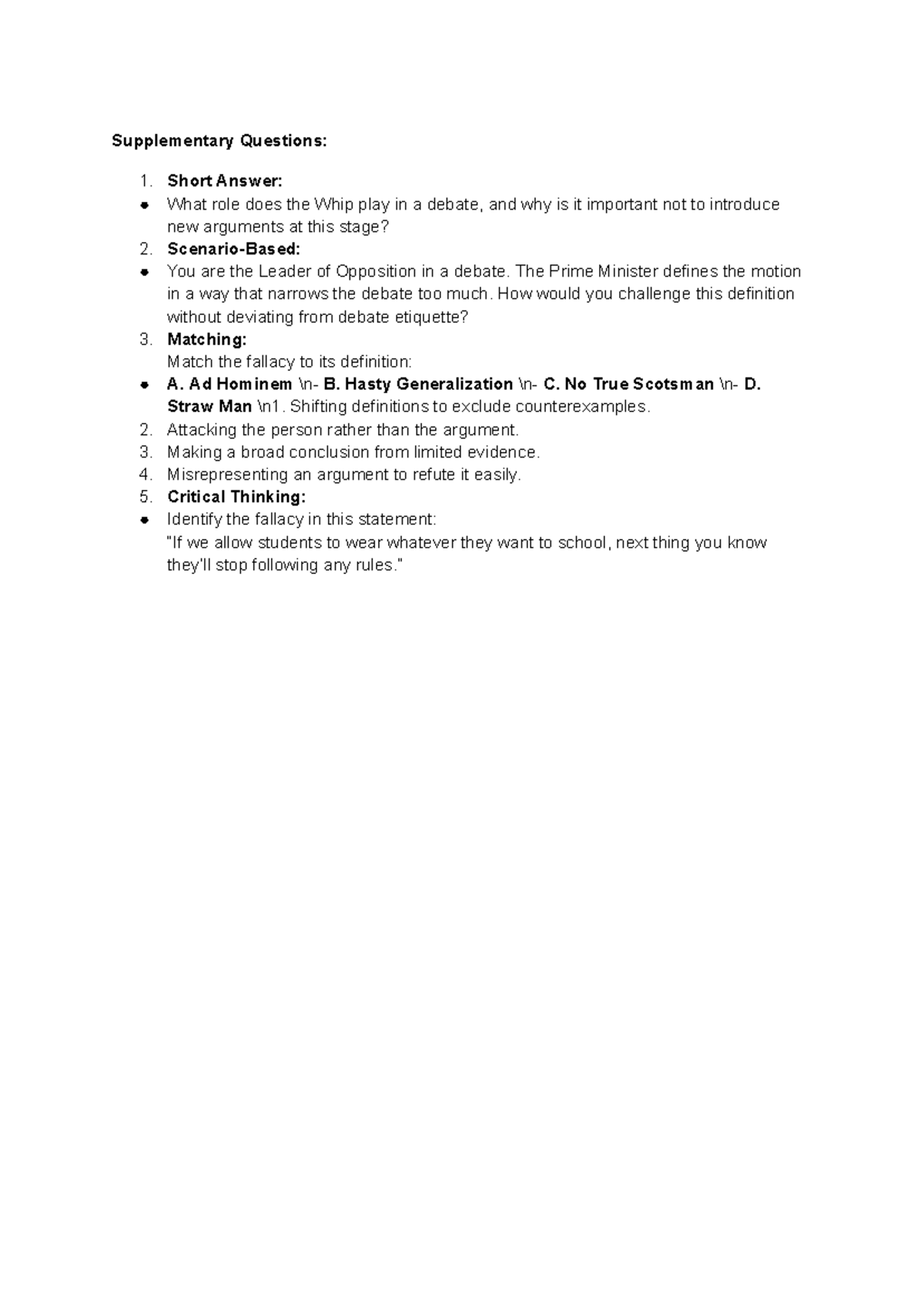Debating Skills - supp questions - Supplementary Questions: 1. Short ...