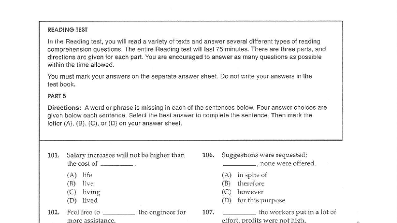 Reading Test 4: Comprehension Practice and Questions - Studocu