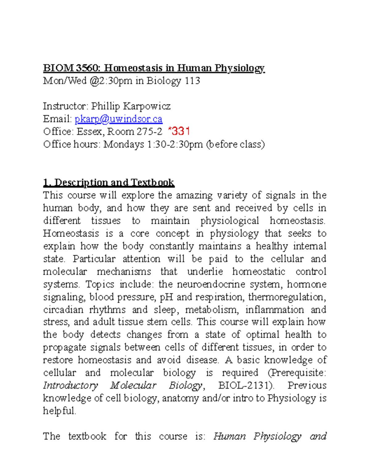 BIOM 3560: Homeostasis in Human Physiology Syllabus Overview - Studocu
