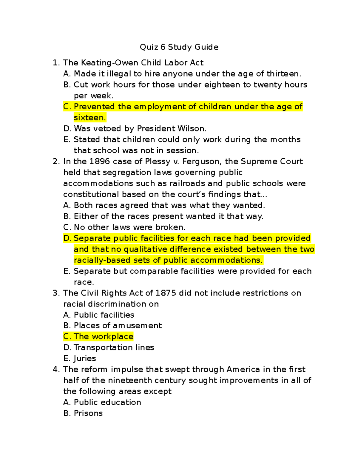Quiz 6 Study Guide: Key Concepts in Child Labor and Civil Rights - Studocu