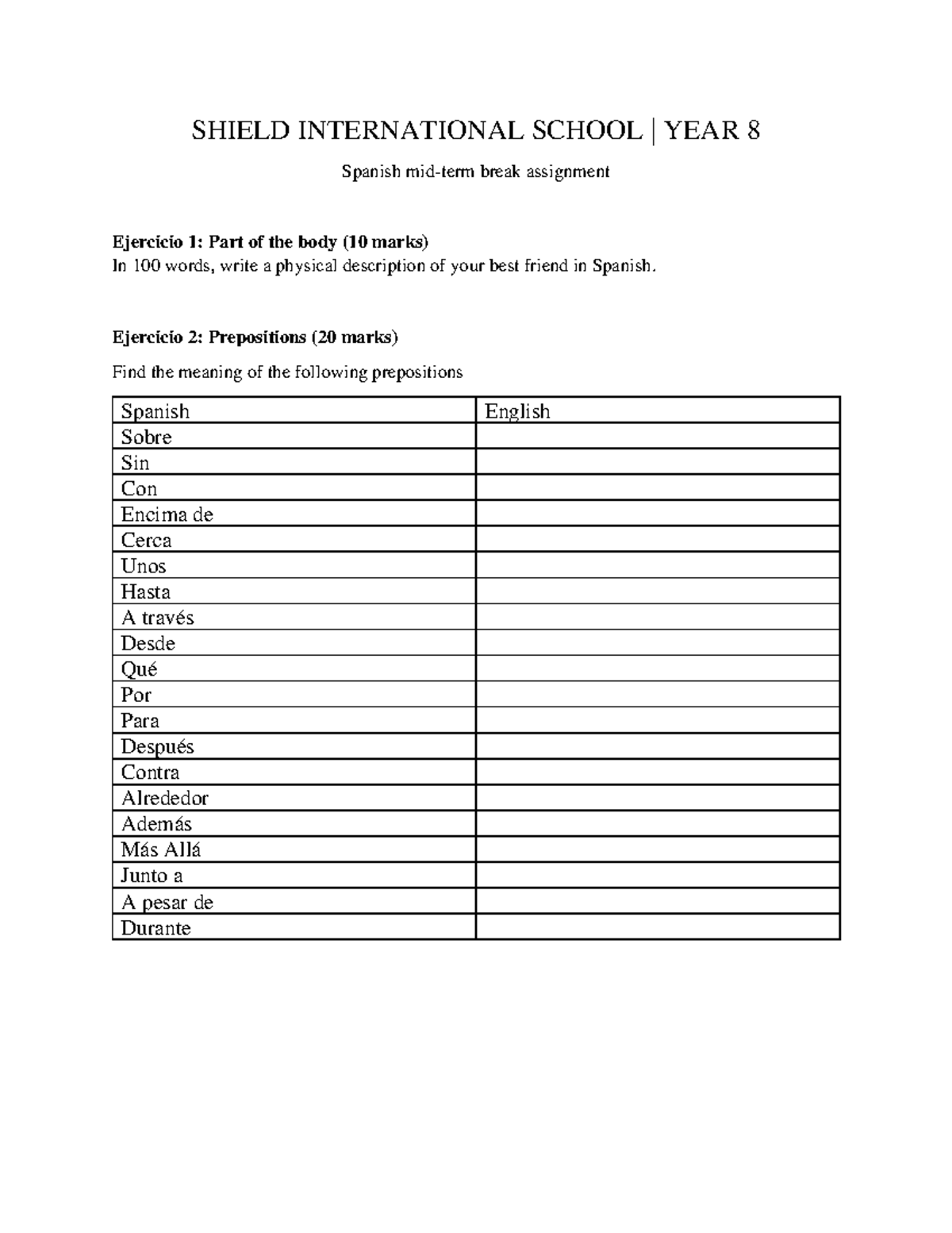 Year 8 Spanish Assignment: Body Parts, Prepositions & Questions - Studocu