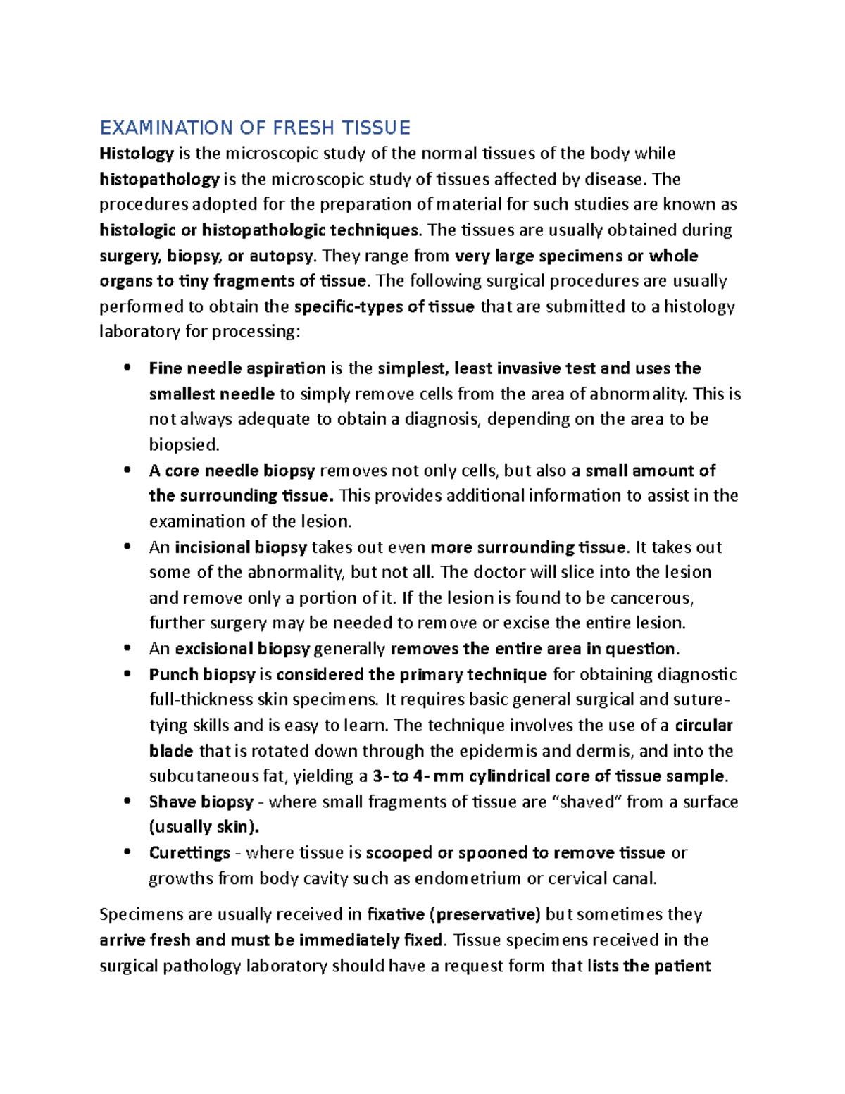 Fresh Tissue Examination Techniques and Histological Methods - Studocu