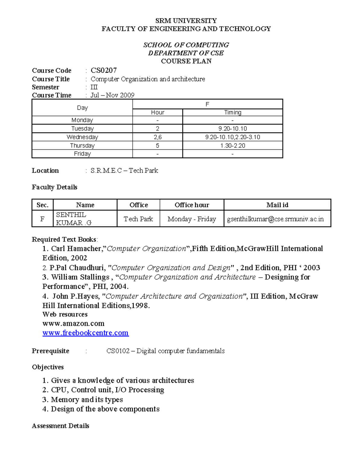 CS - Computer Organization and Architecture Course Outline (Semester ...