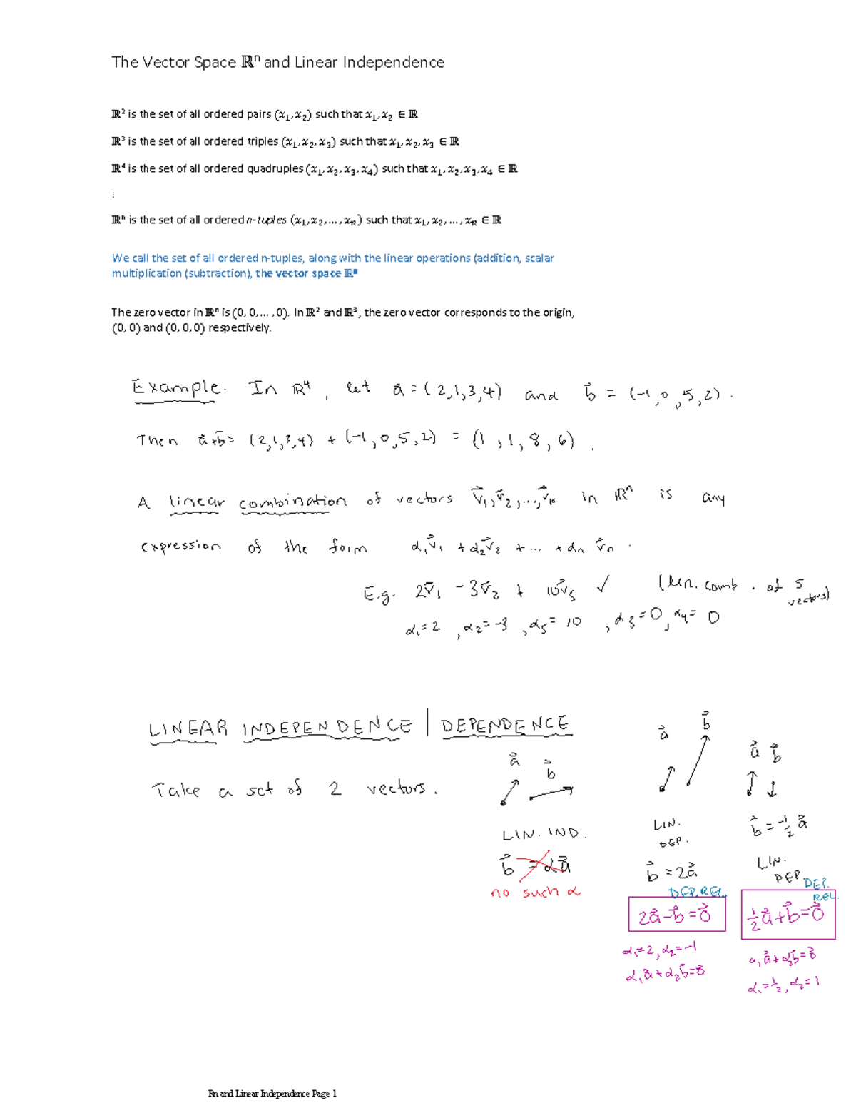 Vector Spaces ℝn and Linear Independence Notes for 7b - Studocu