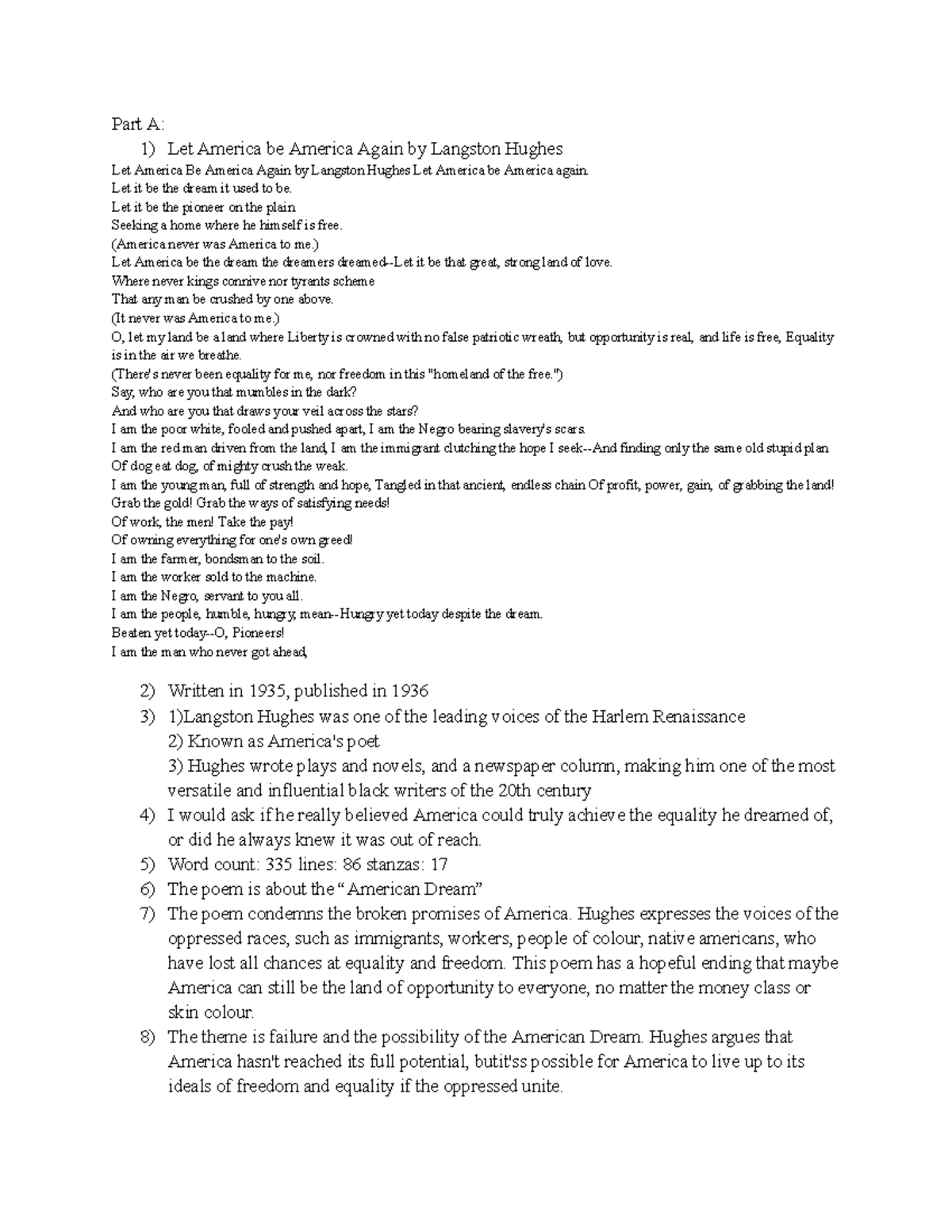 Langston Hughes: Let America Be America Again - Poem Analysis - Studocu