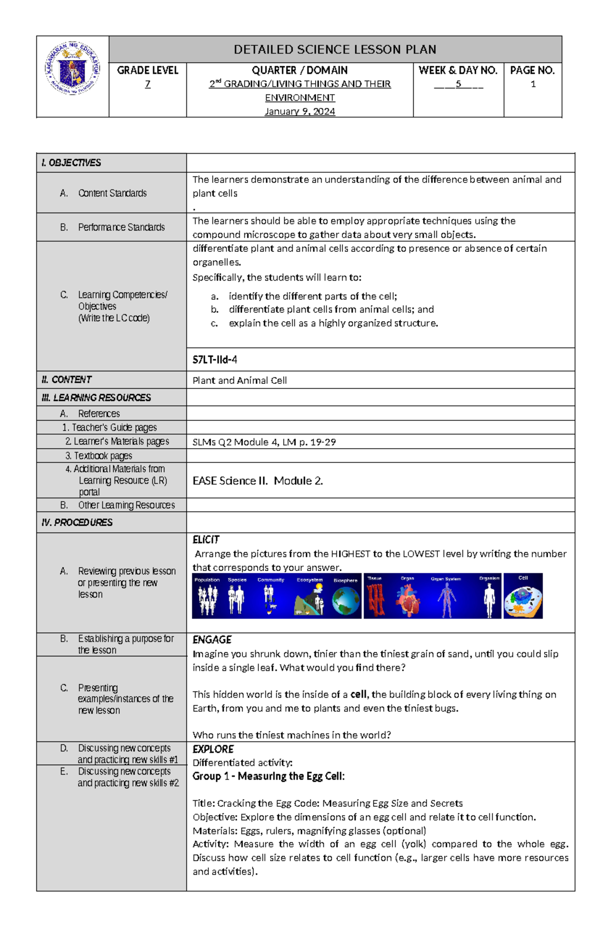 Detailed Science Lesson Plan: Grade 7 - Cells & Environment (COT 2 ...