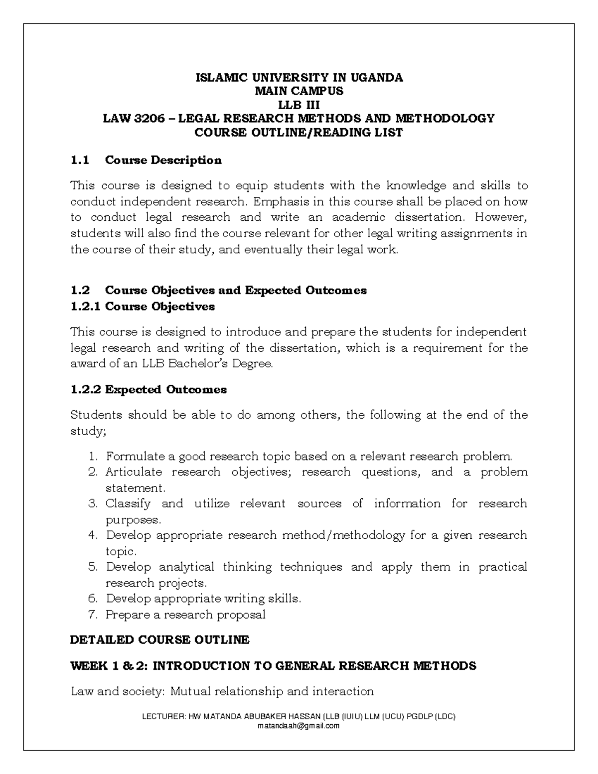 LLB 3206 Legal Research Methods Course Outline and Objectives - Studocu