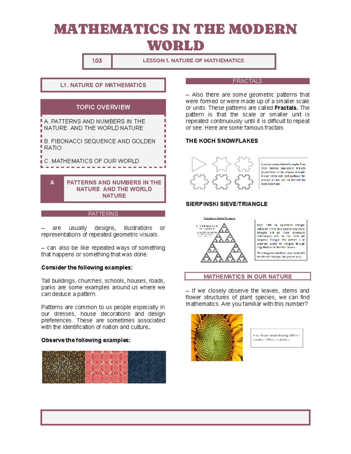 MMW 1 - reviewer - WORLD L1. NATURE OF MATHEMATICS TOPIC OVERVIEW A. PATTERNS AND NUMBERS IN THE ...