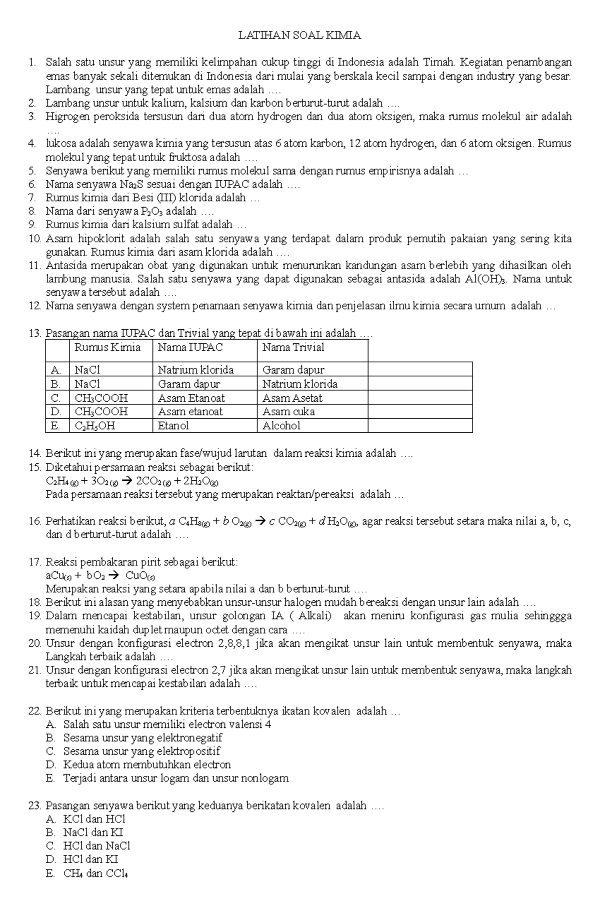 LATIHAN SOAL KIMIA 1 KELAS 10: PERSAMAAN REAKSI & IKATAN KOVALEN - Studocu