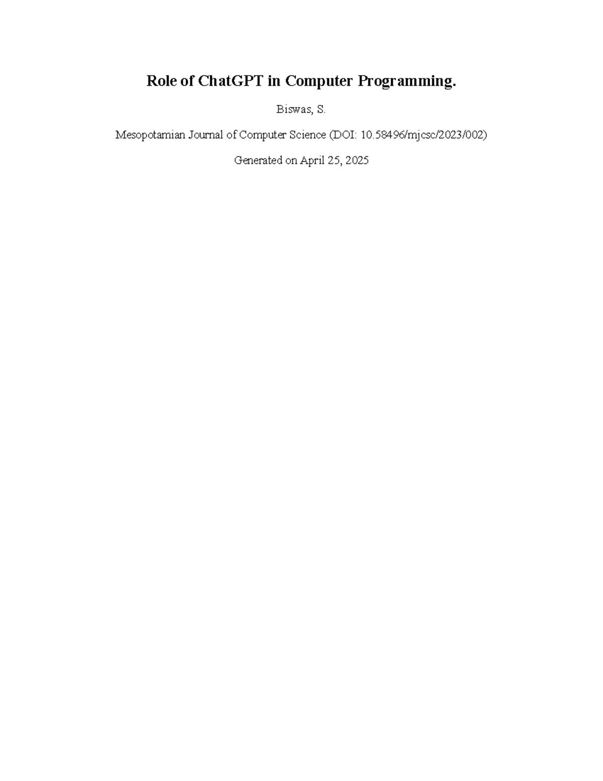 Role Of Chat Gpt In Computer Programming Biswas S Mesopotamian