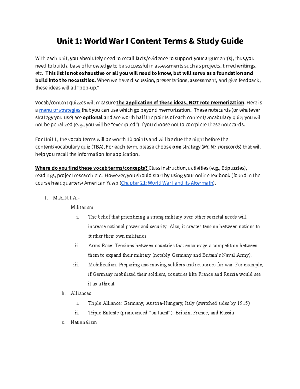 Unit 1: WWI Vocabulary & Study Guide for Assessments - Studocu