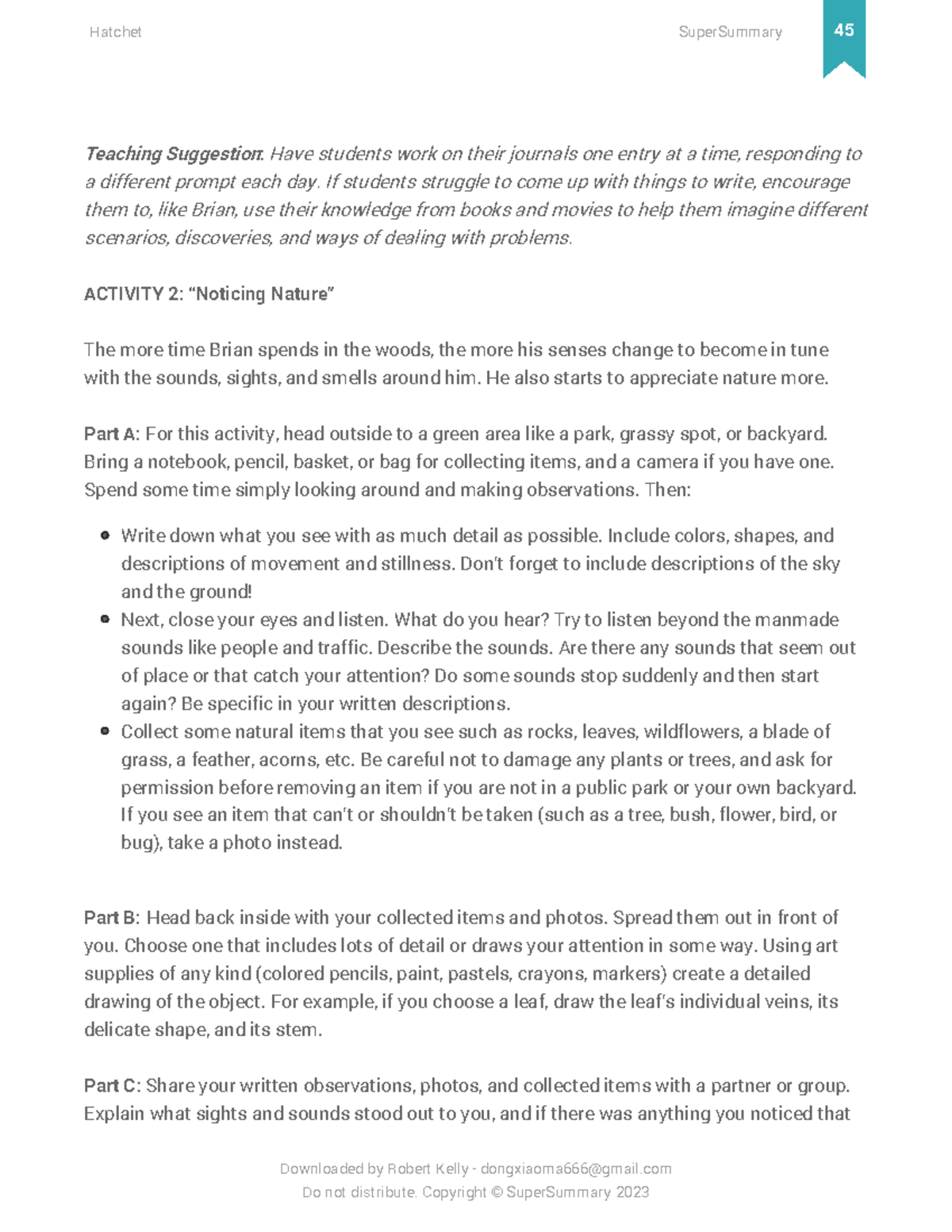 Hatchet - Super Summary Study Guide 46 - Teaching Suggestion: Have ...