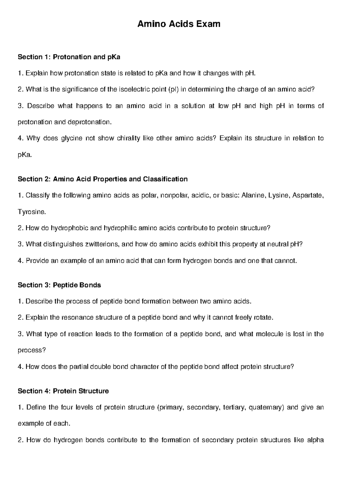 Amino Acids & Protein Structure Exam (Bio 101) - Amino Acids Exam ...