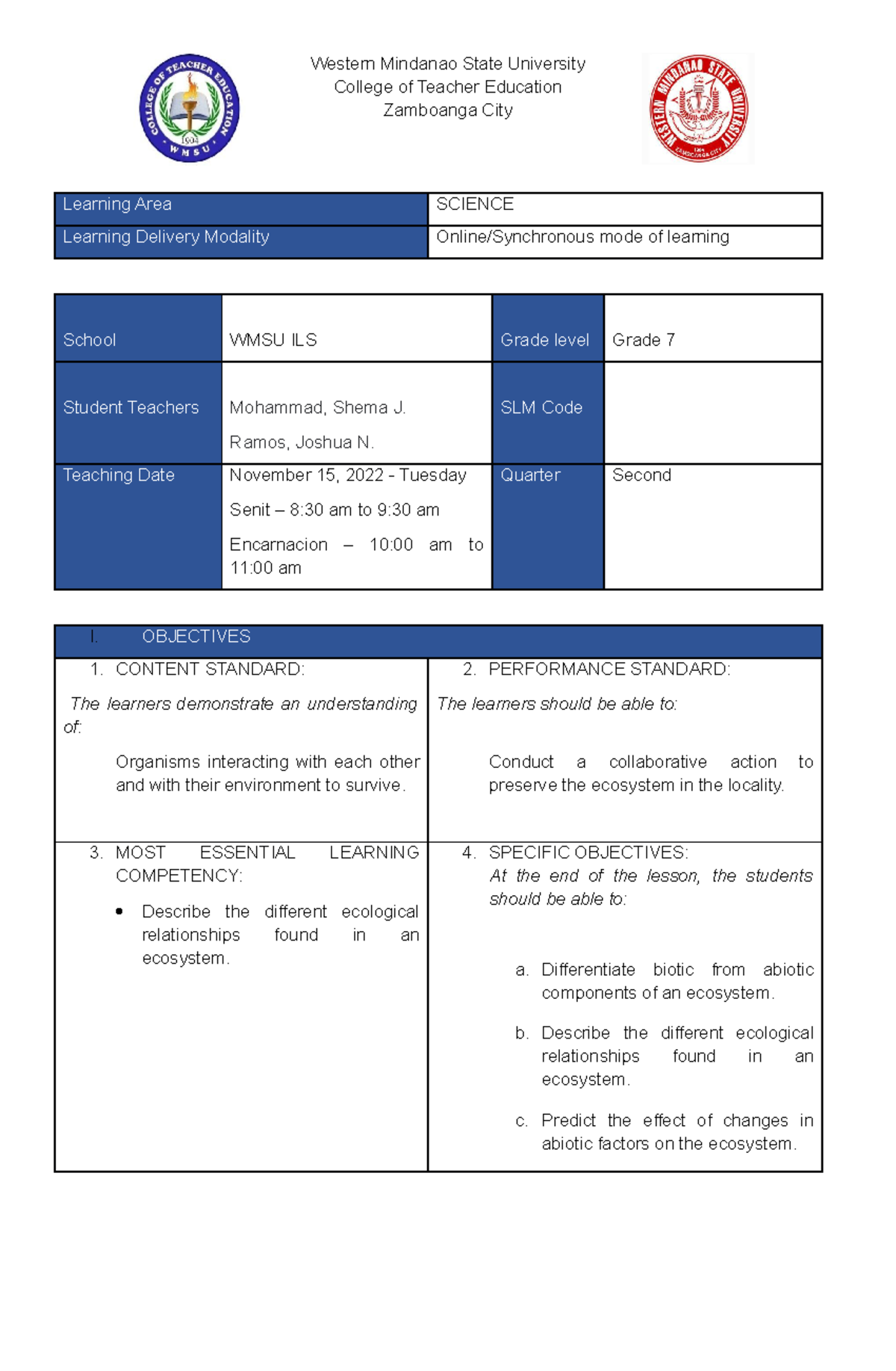 Grade 7 Detailed Lesson Plan: Understanding Ecological Relationships ...