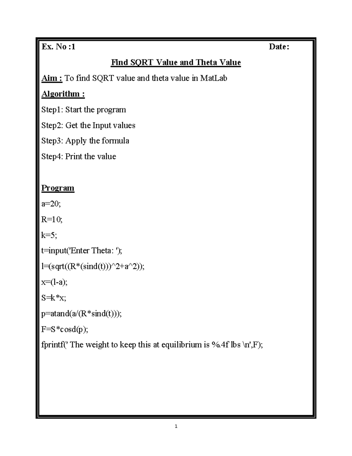 II MSC Matlab PGM & Output: SQRT, Addition, For Loop, Image Techniques ...