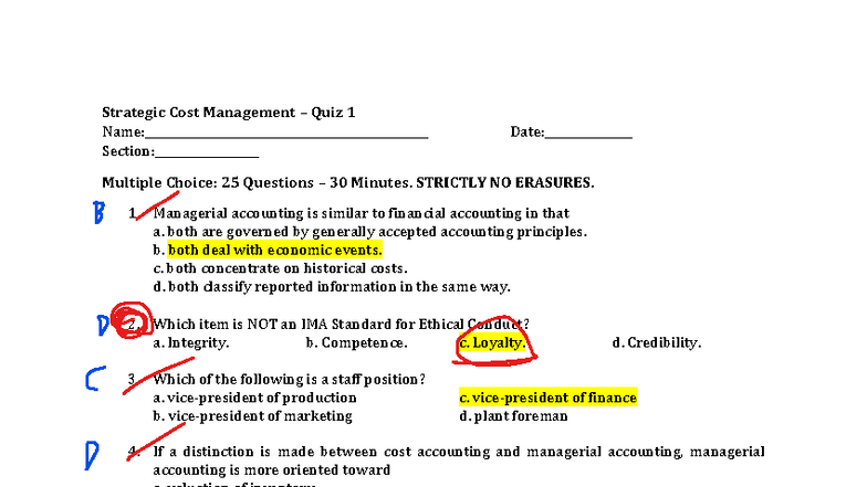 Strategic Cost Management P1 Quiz 1: 25 MCQs with Answer Key - Studocu