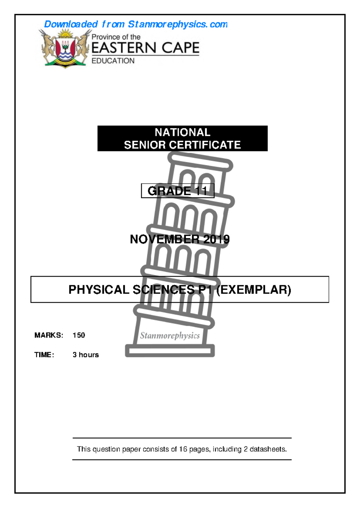EC Grade 11 Physical Sciences November 2019 P1 Exam & Memo - Studocu