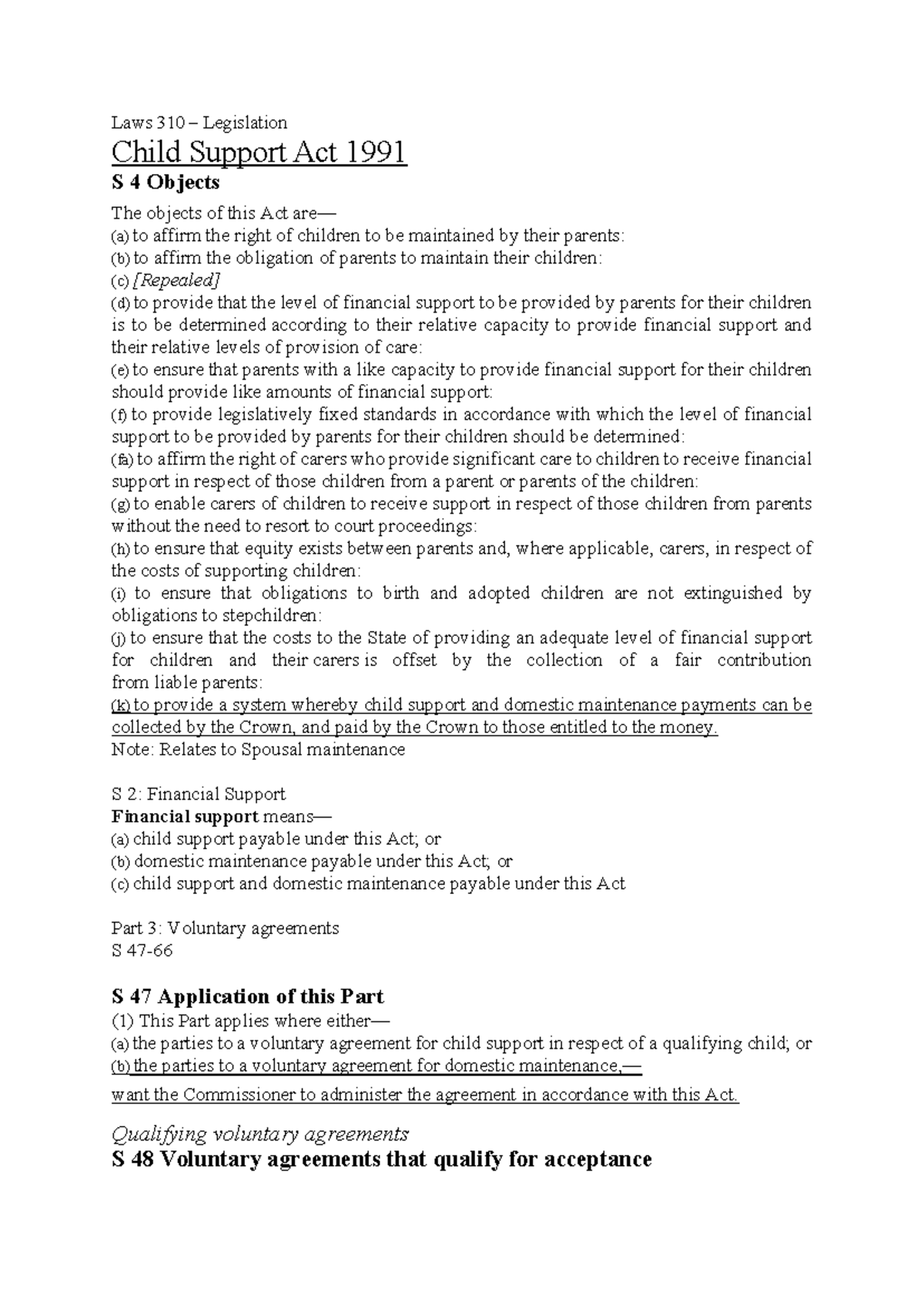 Laws 310 - Child Support Act 1991: Key Objectives and Provisions - Studocu