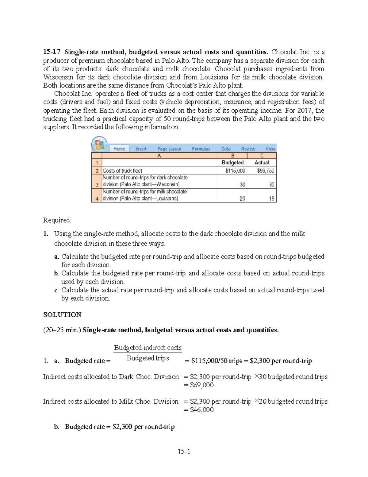 Ch15HW Solutions: Budgeted vs Actual Costs, Single and Dual-Rate ...
