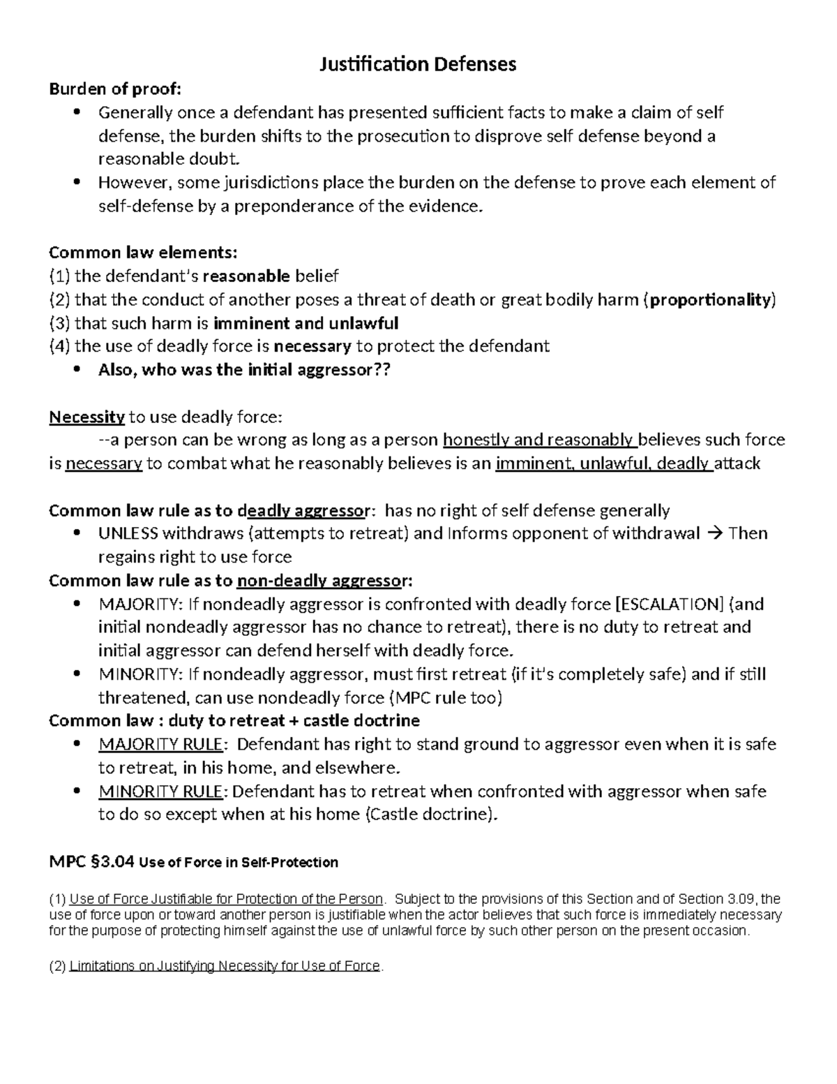 Self Defense Cheat Sheet: Key Justifications and Legal Principles - Studocu