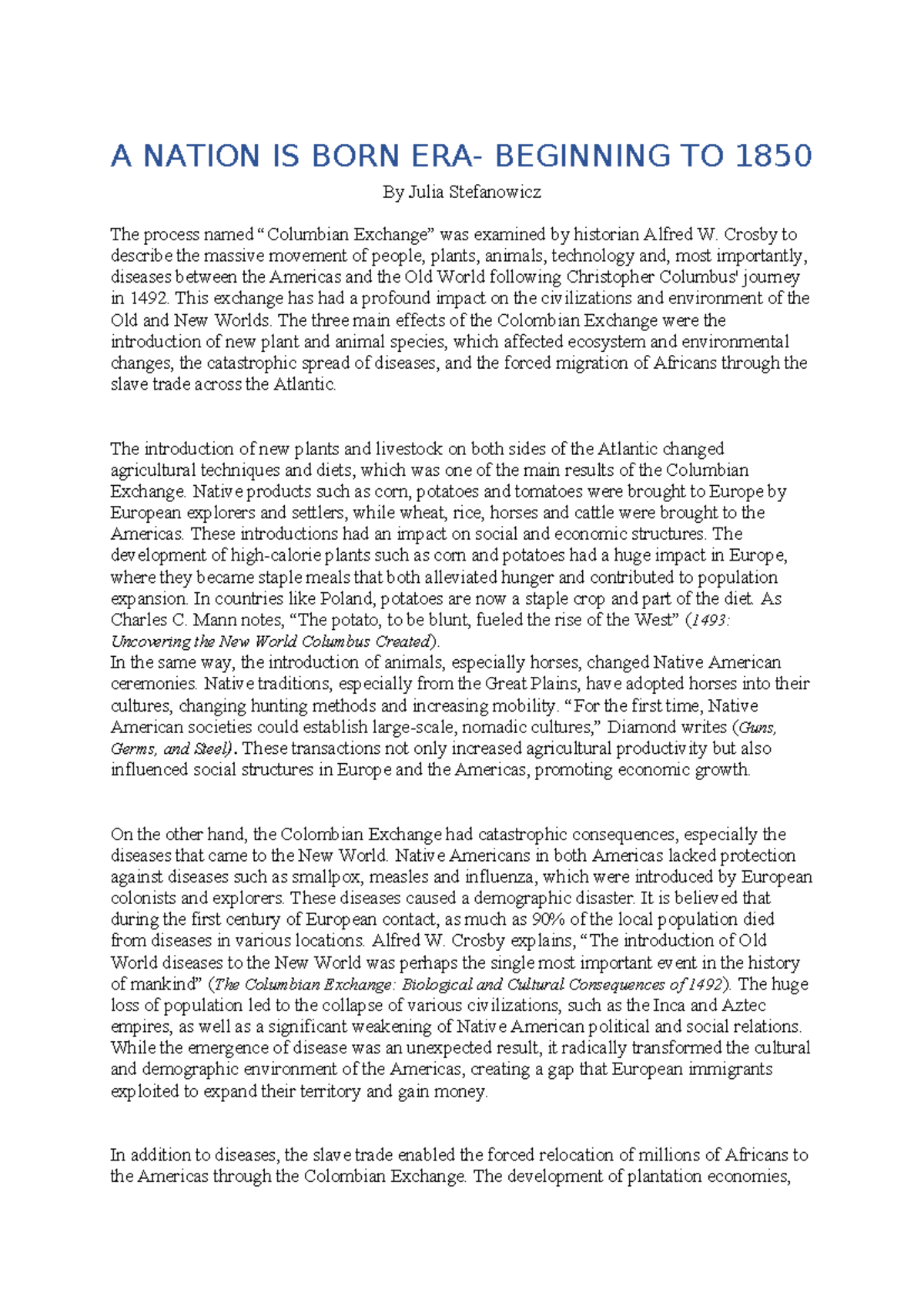 A Nation is Born: Impact of the Columbian Exchange (1492-1850) - Studocu