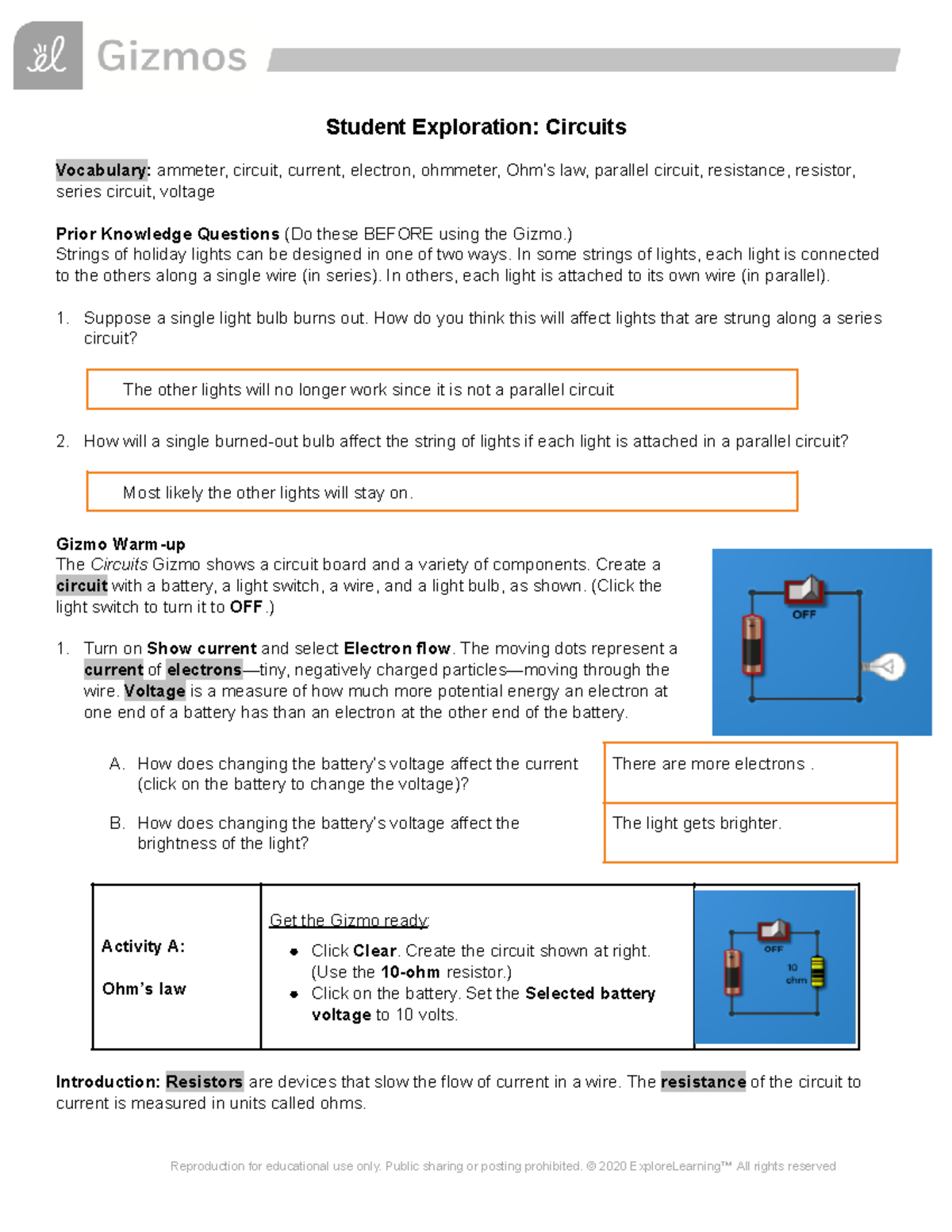 Student Exploration: Circuits (Gizmo) - Summary and Activities Guide ...