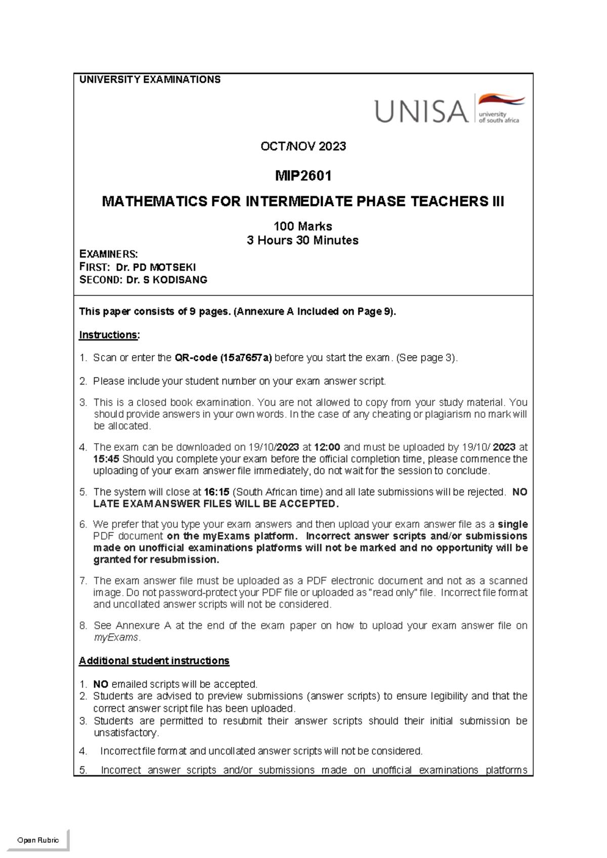 MIP2601 Final Exam Paper: Mathematics for Intermediate Phase Teachers ...