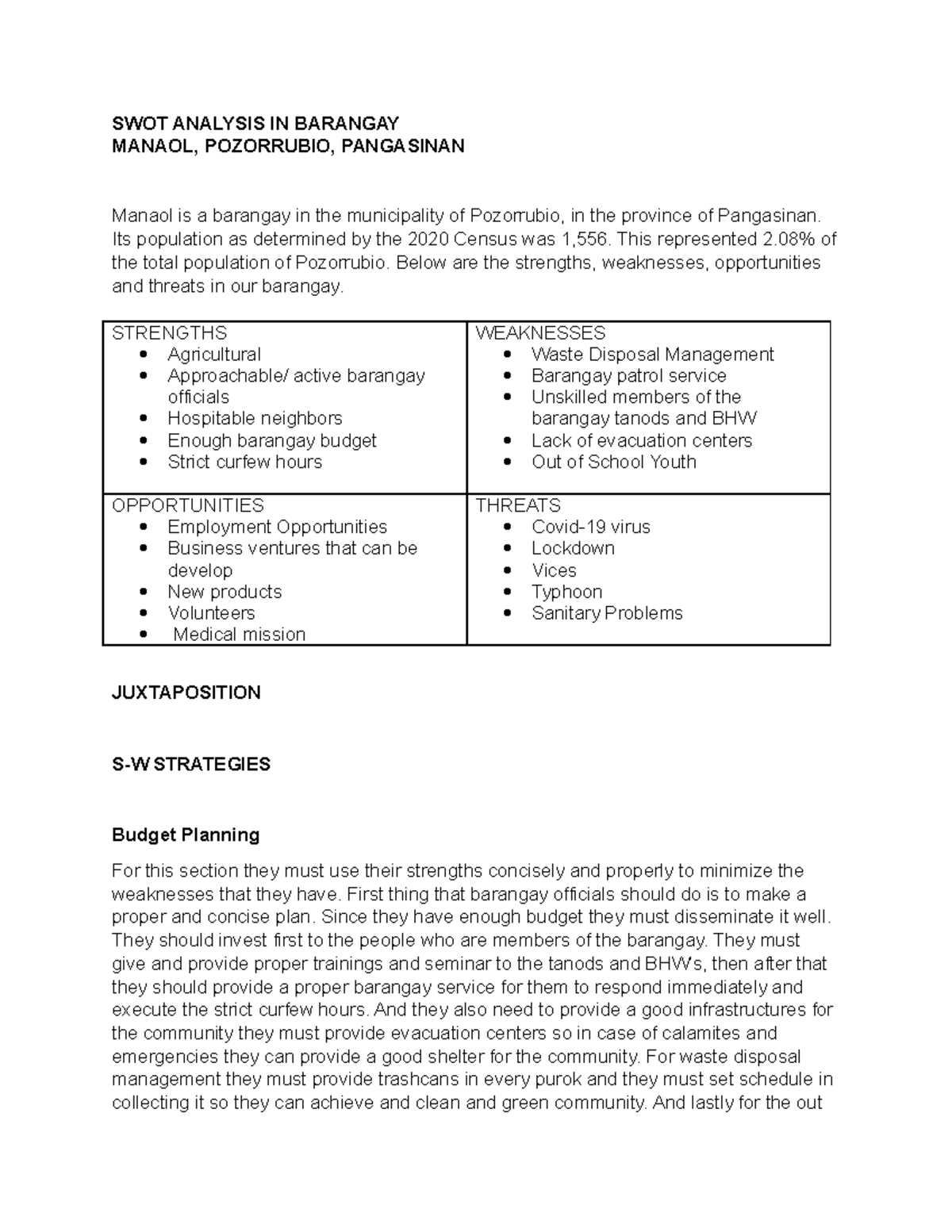 SWOT Analysis of Barangay Manaol, Pozorrubio, Pangasinan - Studocu