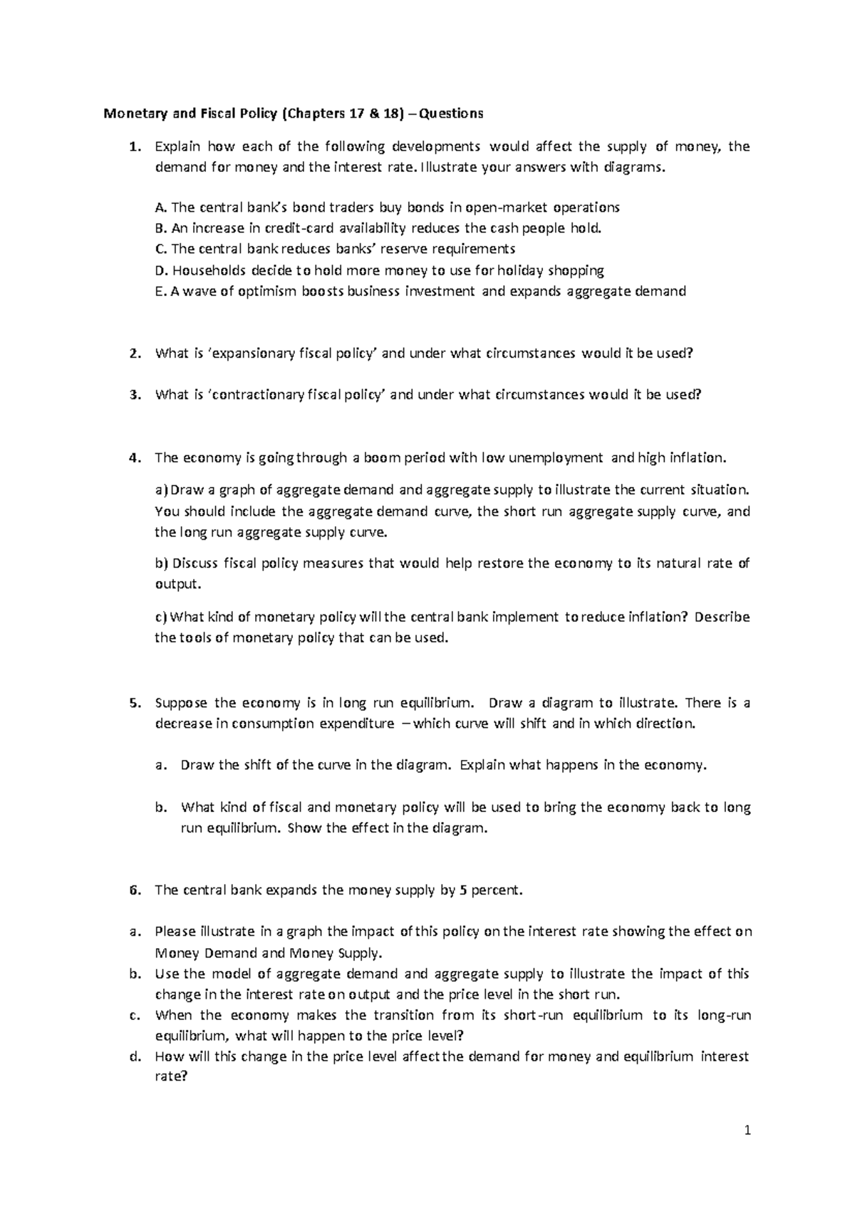 Monetary & Fiscal Policy (Chapters 17-18) Exam Questions - Studocu
