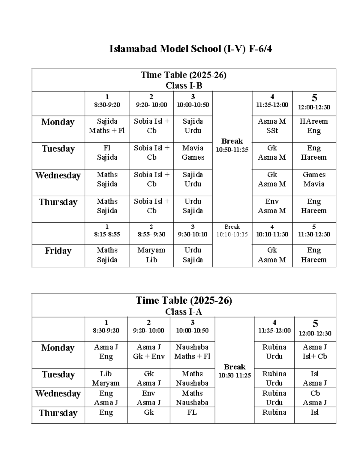 Islamabad Model School (I-V) F-6/4 Class Timetable 2025-26 - Studocu