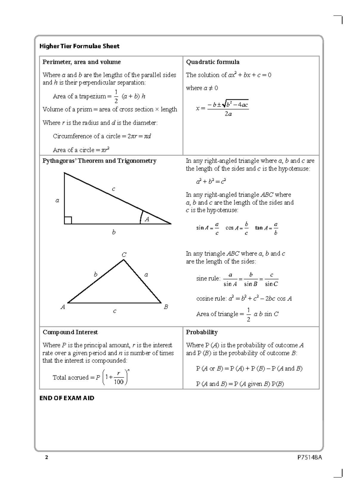 Maths P75148A Higher Tier Formula Sheet for Final Exam - Studocu