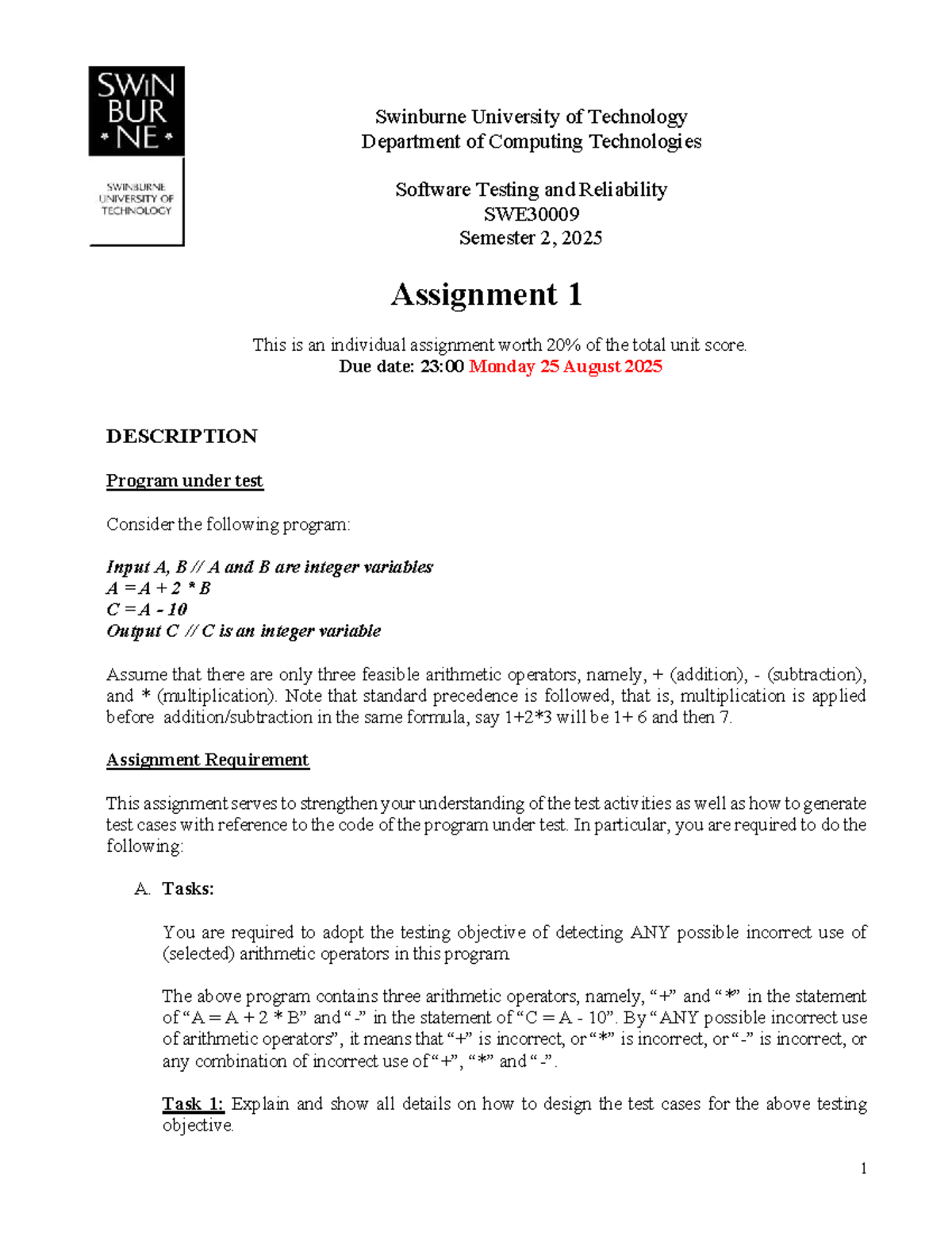 Swinburne University Software Testing & Reliability Assignment 1 - Studocu