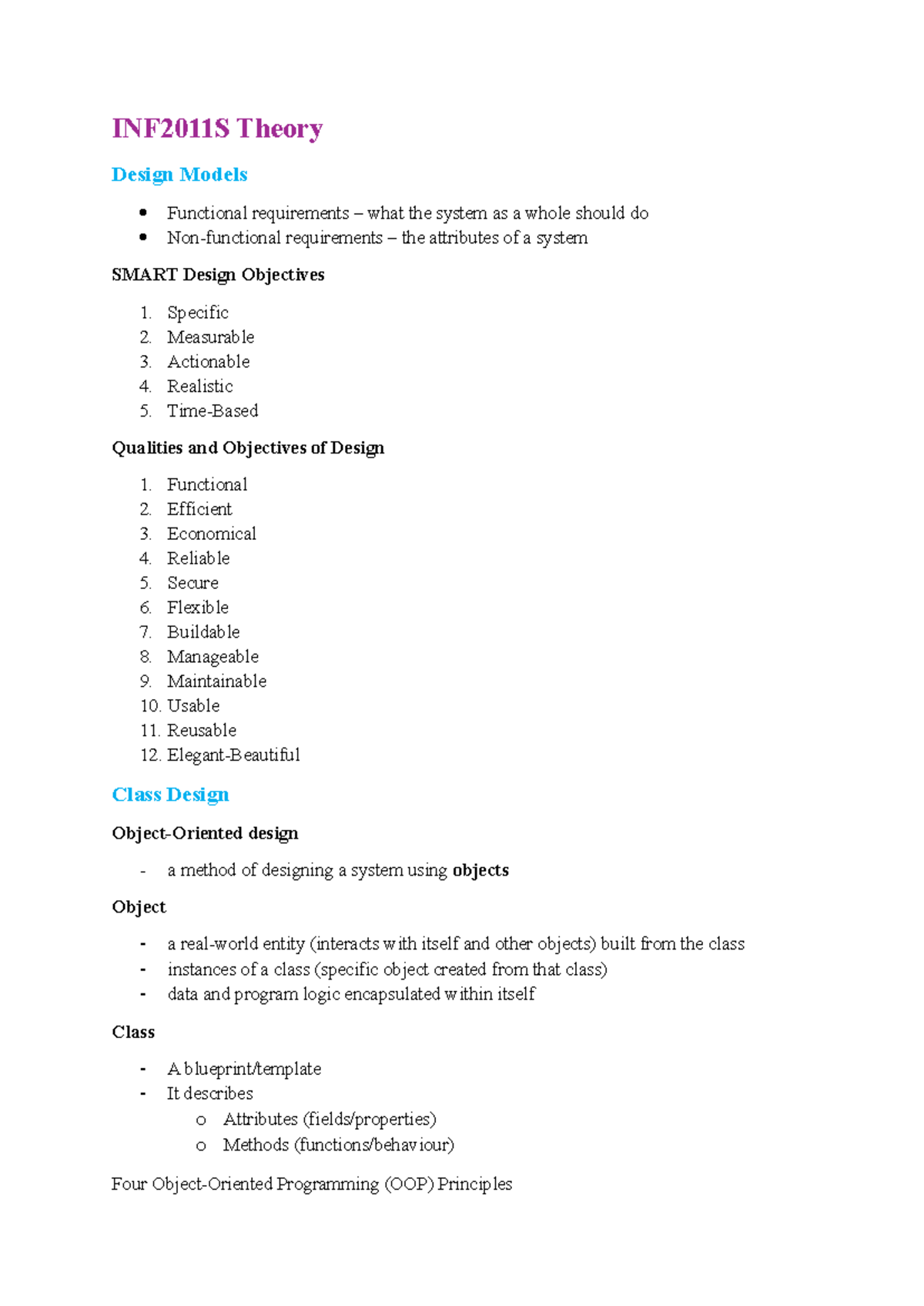 INF2011S Theory Notes on Design Models and System Requirements - Studocu