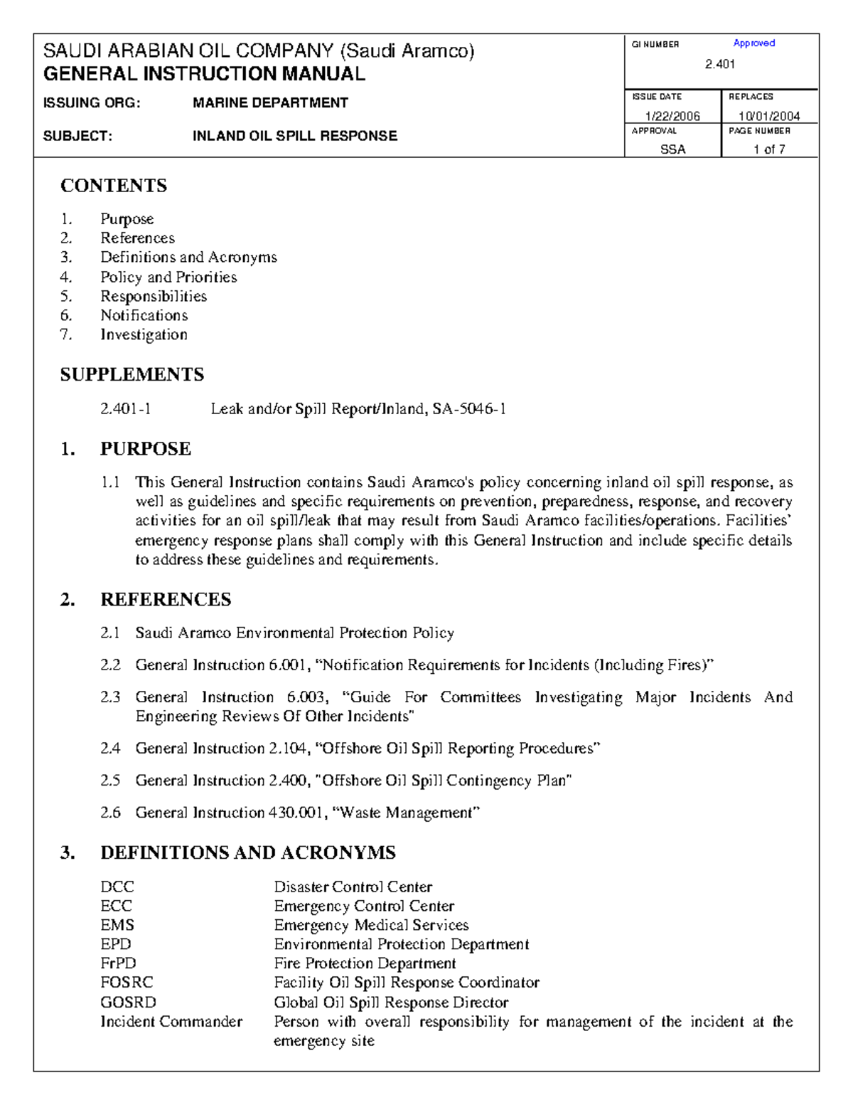 Saudi Aramco GI 2.401: Inland Oil Spill Response Manual - Studocu