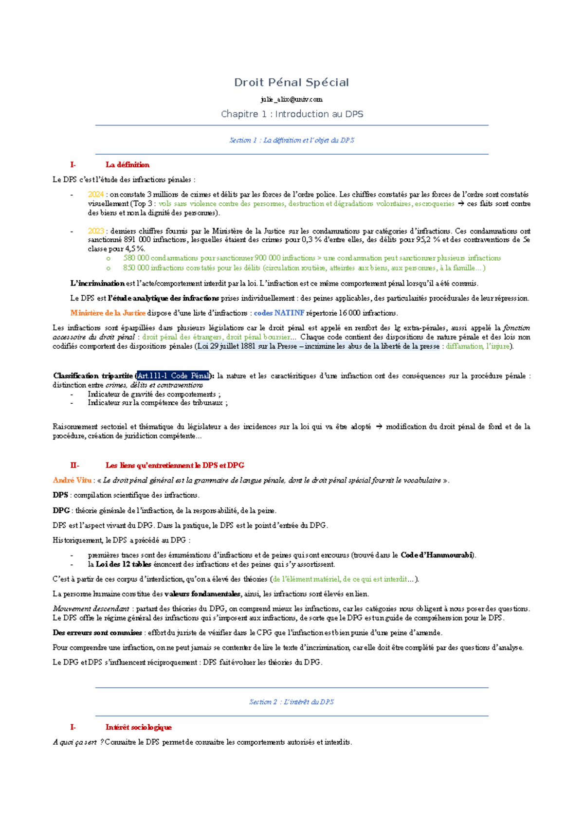 DPS - Cours de Droit Pénal Spécial : Introduction et Chapitre 1 - Studocu