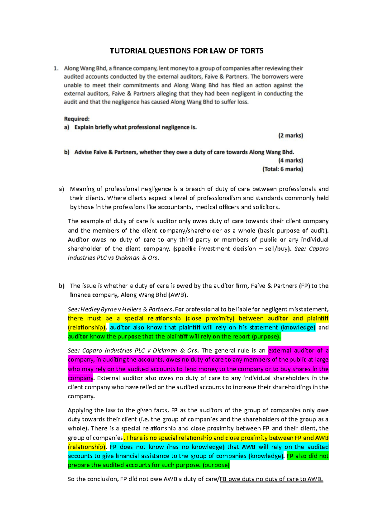 Tutorial Questions for LAW OF TORTS: Professional Negligence Analysis ...