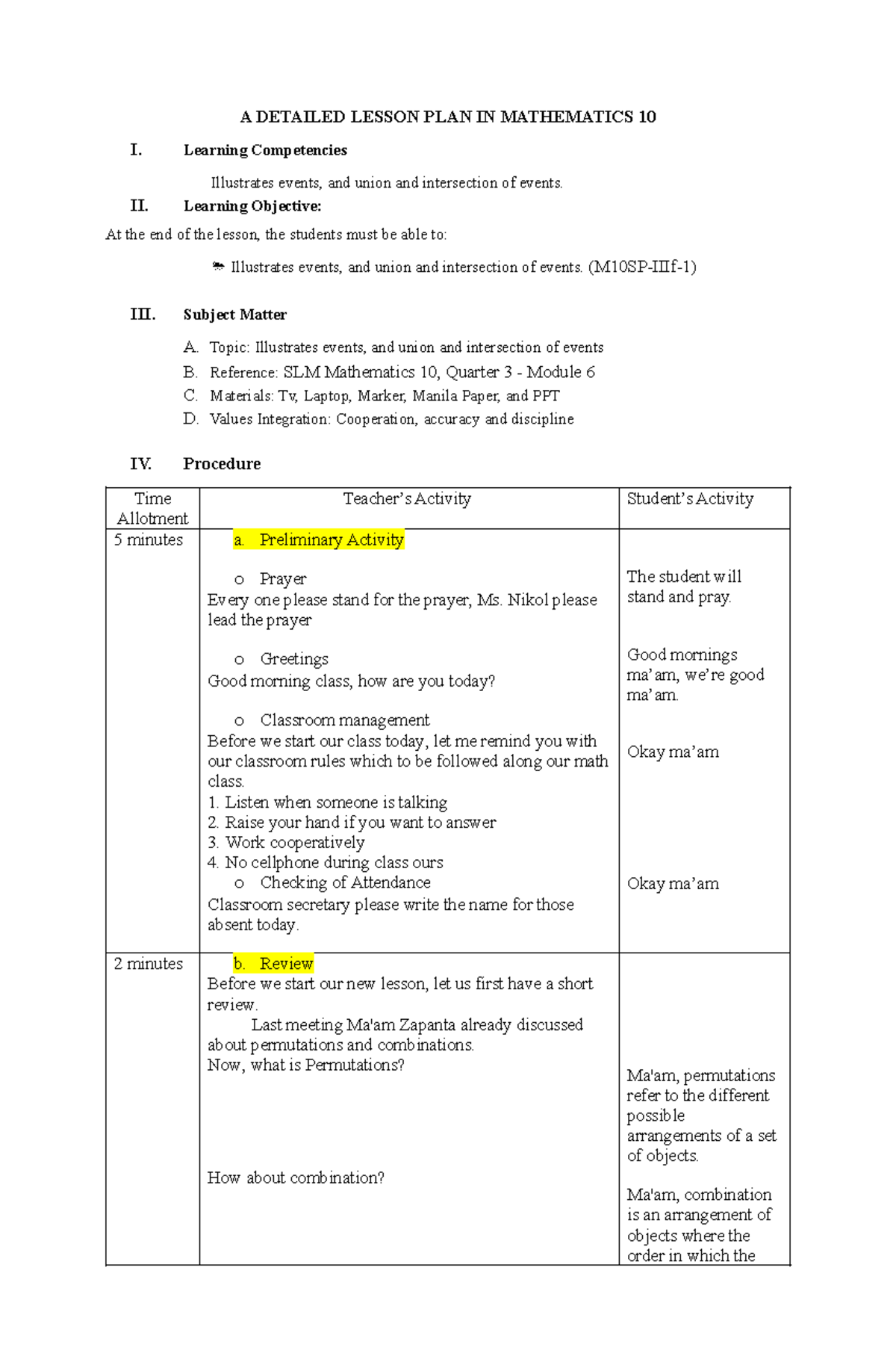 Mathematics 10 Lesson Plan: Events, Union & Intersection (M10SP-IIIF-1 ...
