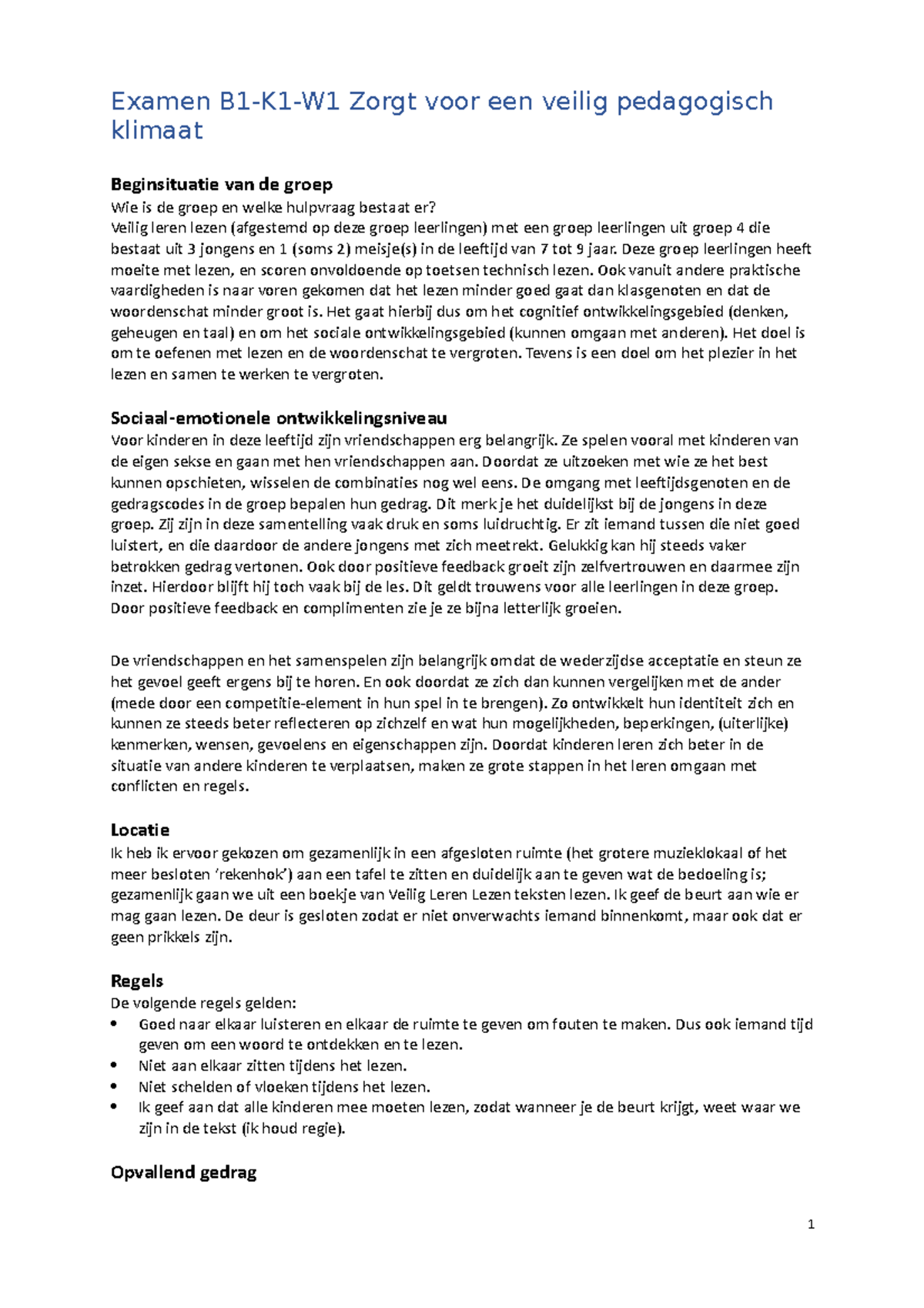 Examen B1-K1-W1 Pedagogisch Klimaat en Begeleiding in Lezen - Studeersnel