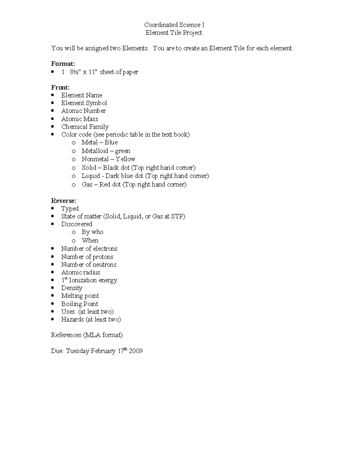 Element Tile Project: Creating Detailed Tiles for Assigned Elements ...