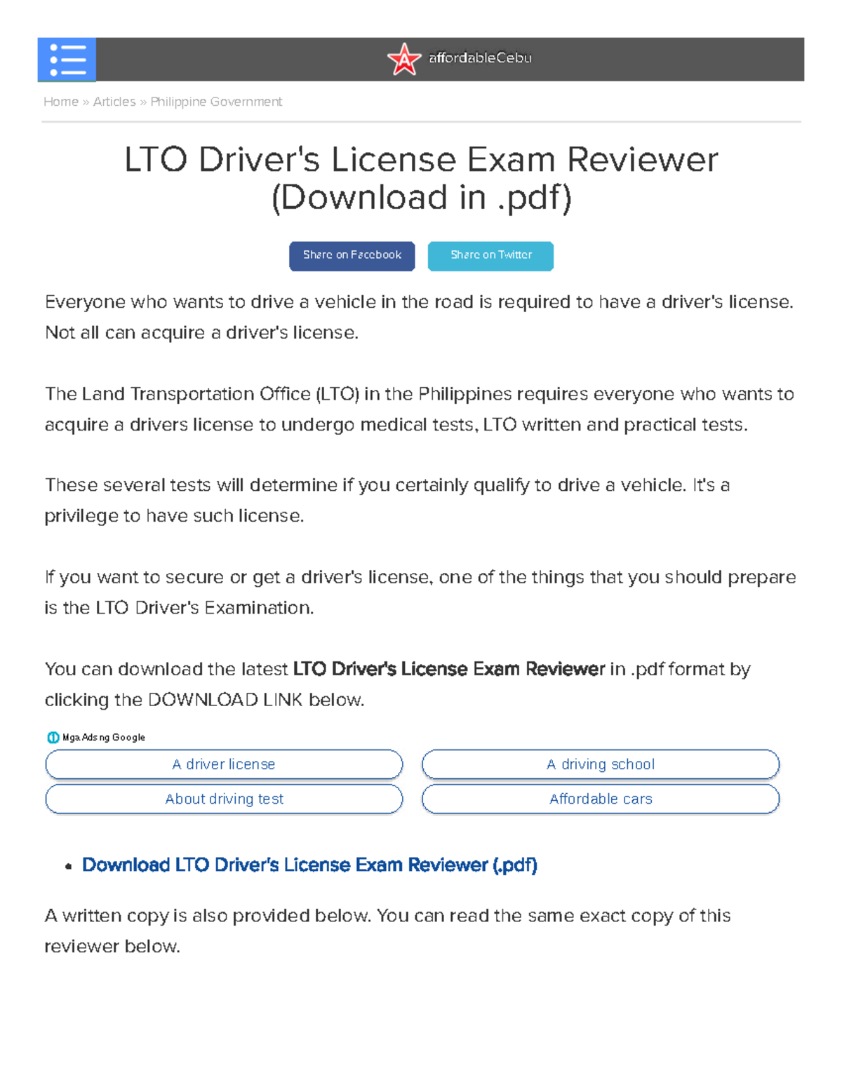 LTO Driver's License Exam Reviewer: Comprehensive Study Guide - Studocu
