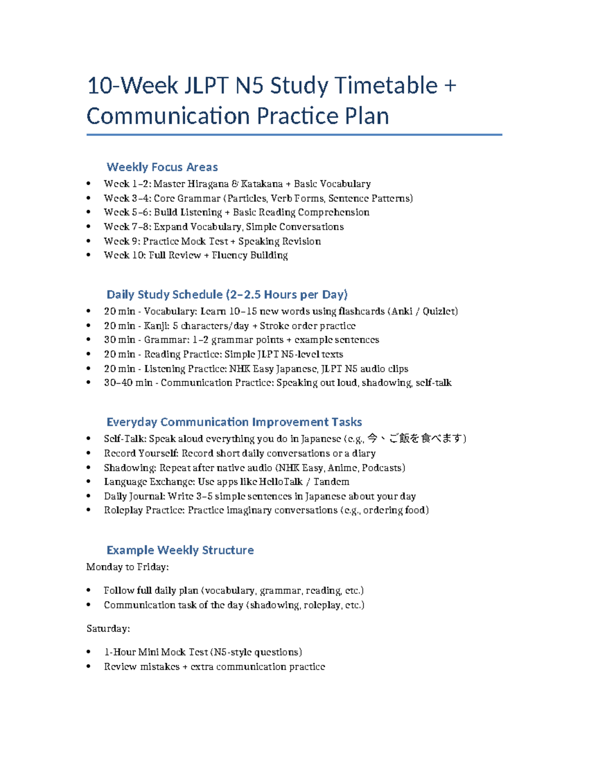 JLPT N5 Study Timetable: Weekly Focus & Communication Practice Plan ...