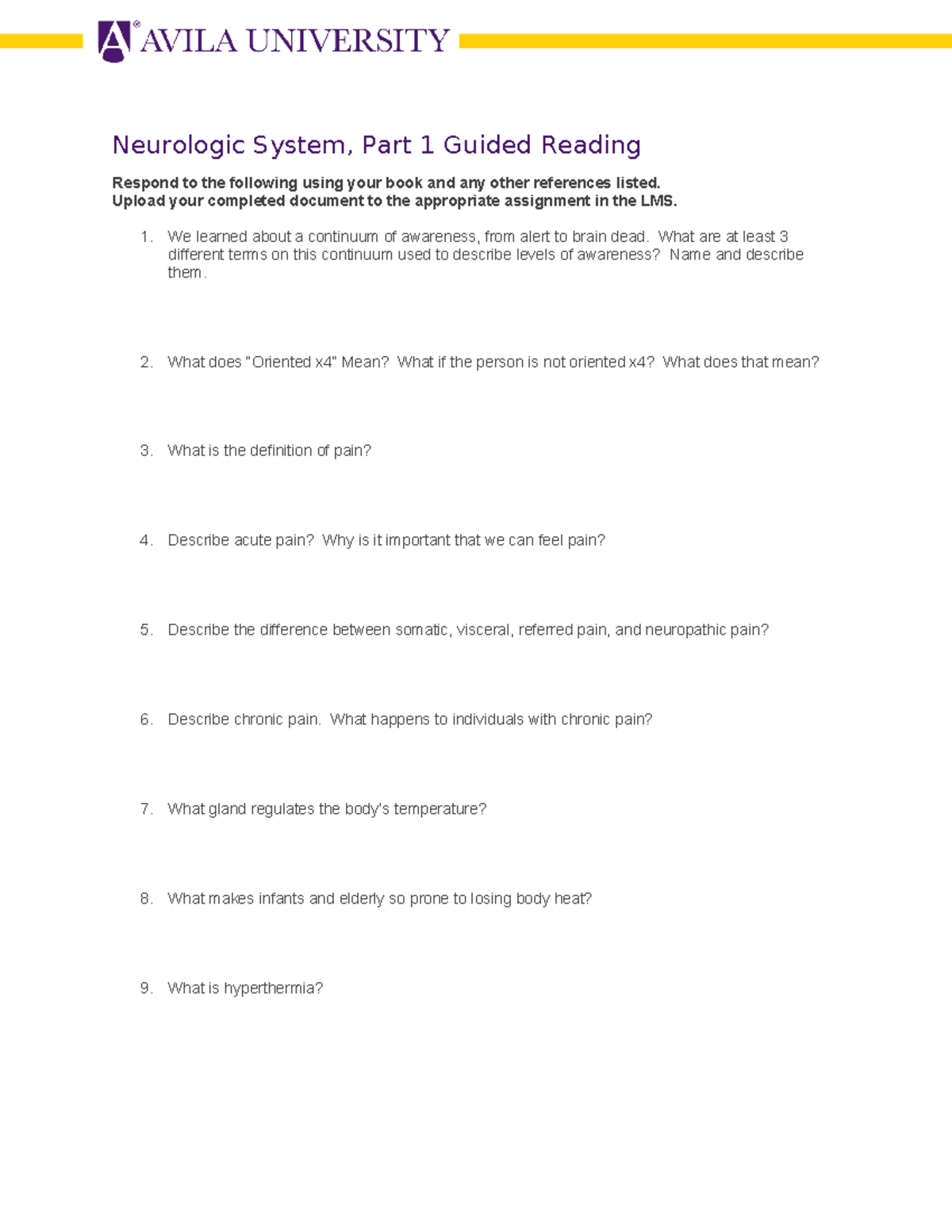 Module 7 - Neurologic System Part 1 Guided Reading - Neurologic System ...