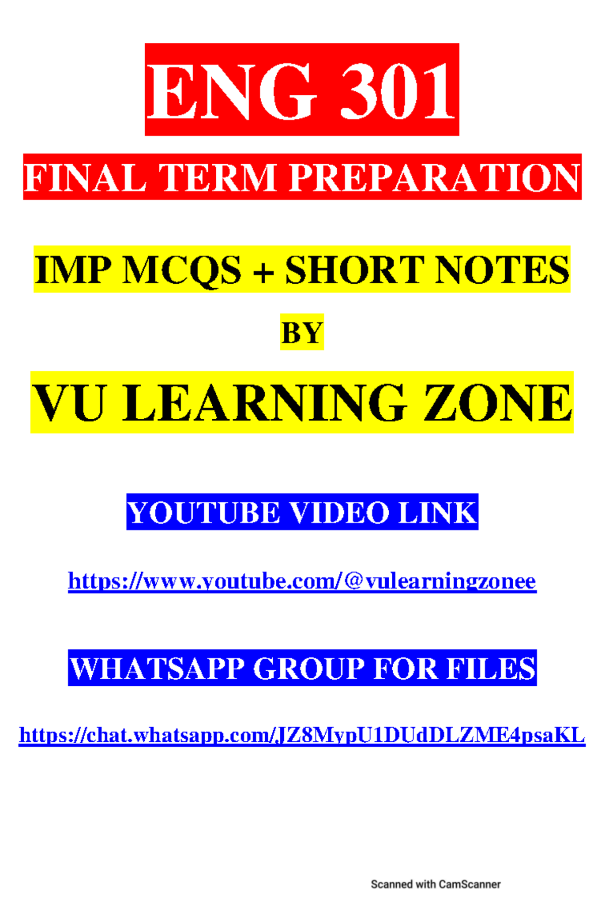 ENG 301 FINAL TERM MCQS & Short Notes for Exam Prep - Studocu