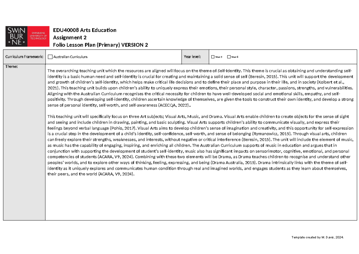 EDU40008 Arts Education Assignment 2 Folio Lesson Plan (Primary) - Studocu