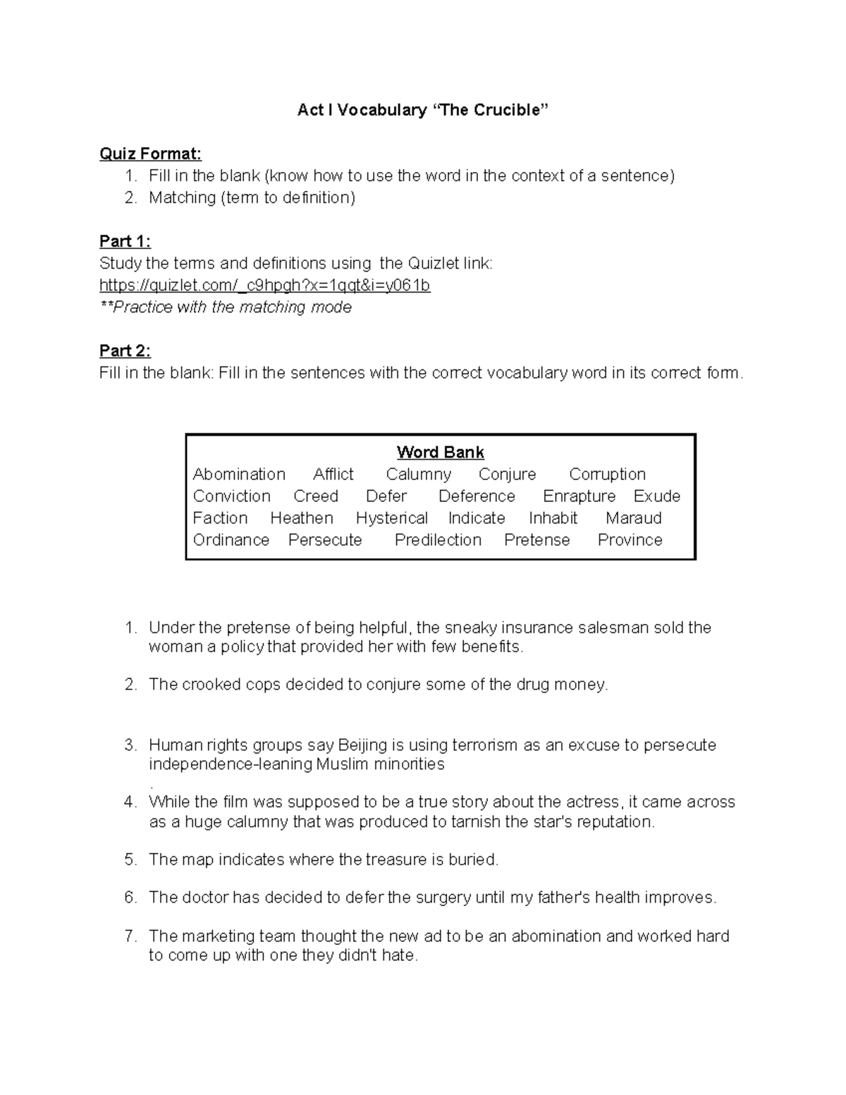 The Crucible Act 1vocabulary Study Guide-1 - Act I Vocabulary “The ...