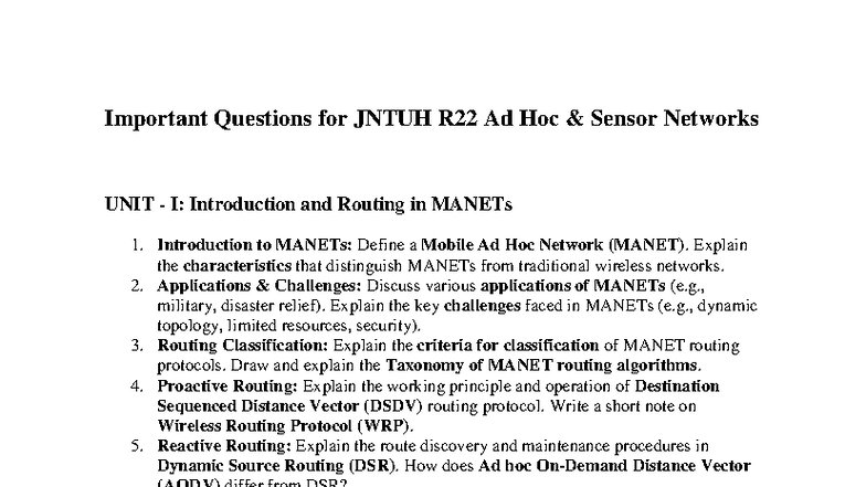 Important Questions for JNTUH R22 Ad Hoc Sensor Networks - Unit I & II ...